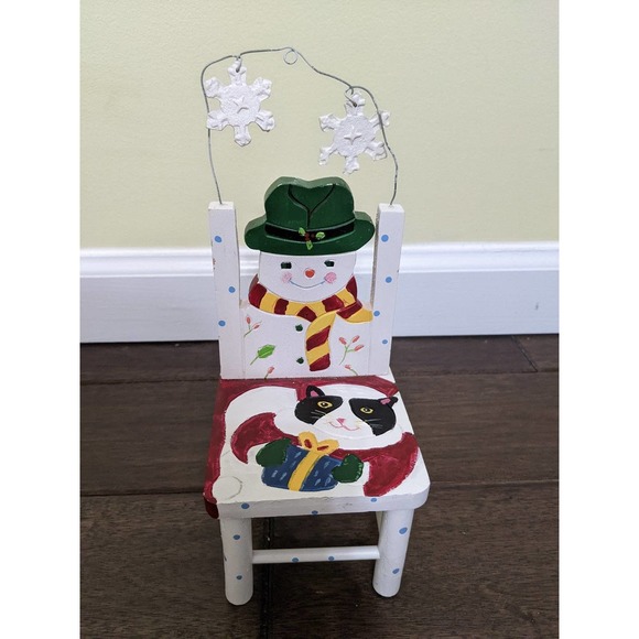 Toys | 7 Doll Christmas Wood Chair Snowman Snowflake Cat Print | Poshmark